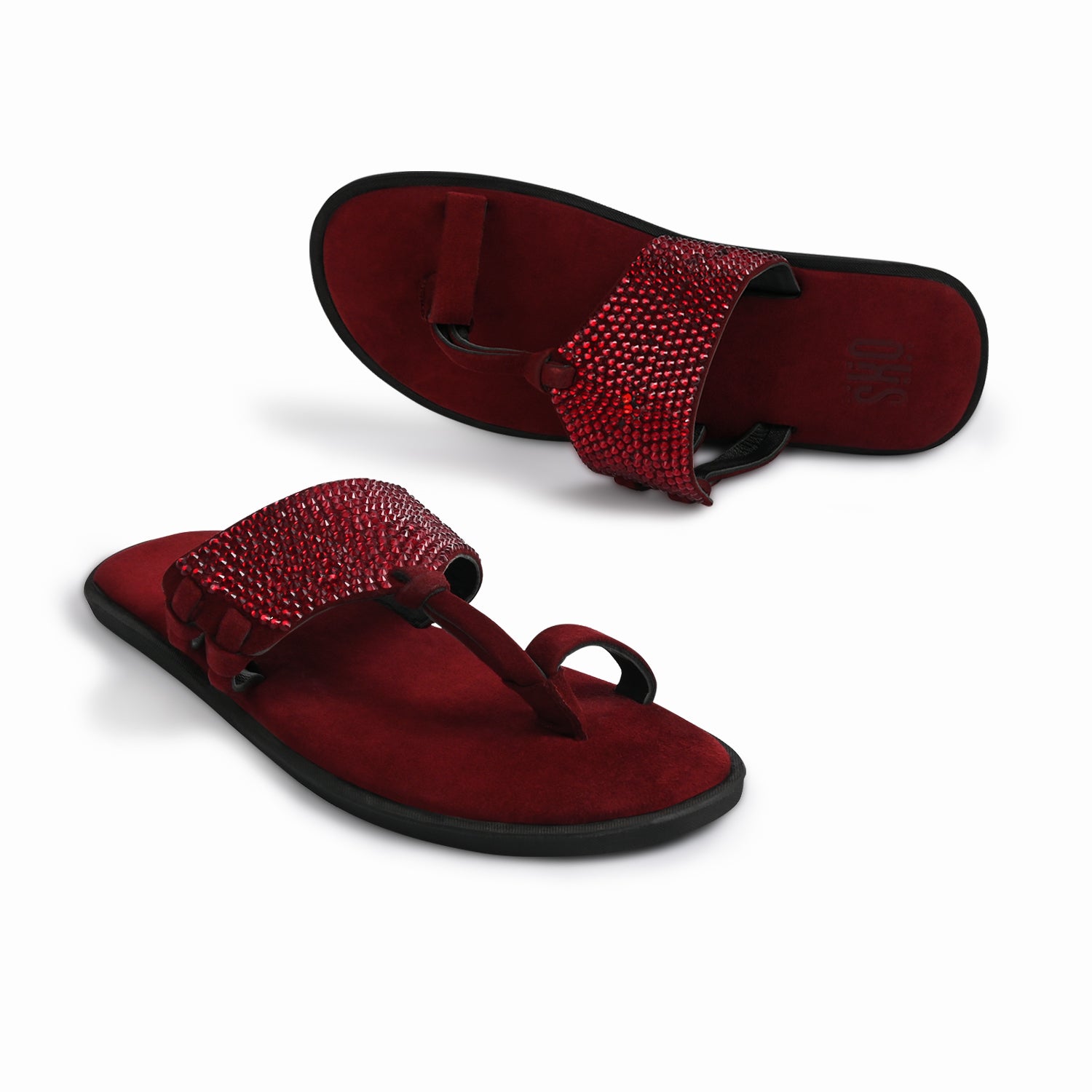 Indy Maroon Crystal Kolhapuri Slippers For Men