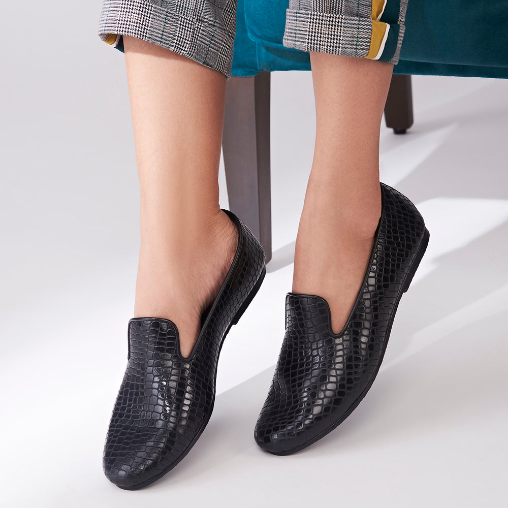 Madison Black Croc Loafers For Women
